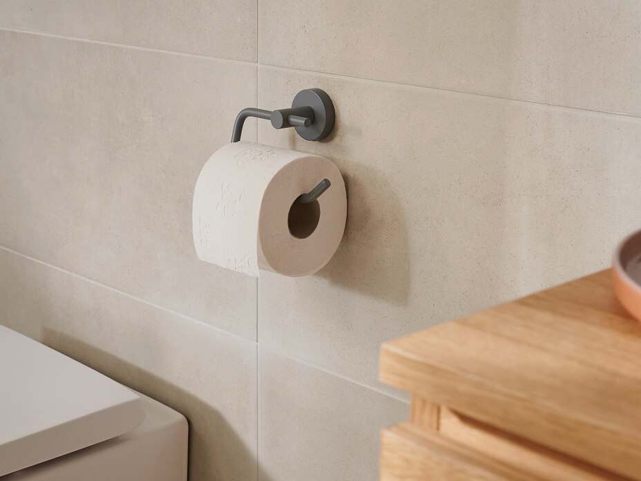 tesa® Moon Grey toiletrulleholder, selvklæbende, pulverlakeret metal ...
