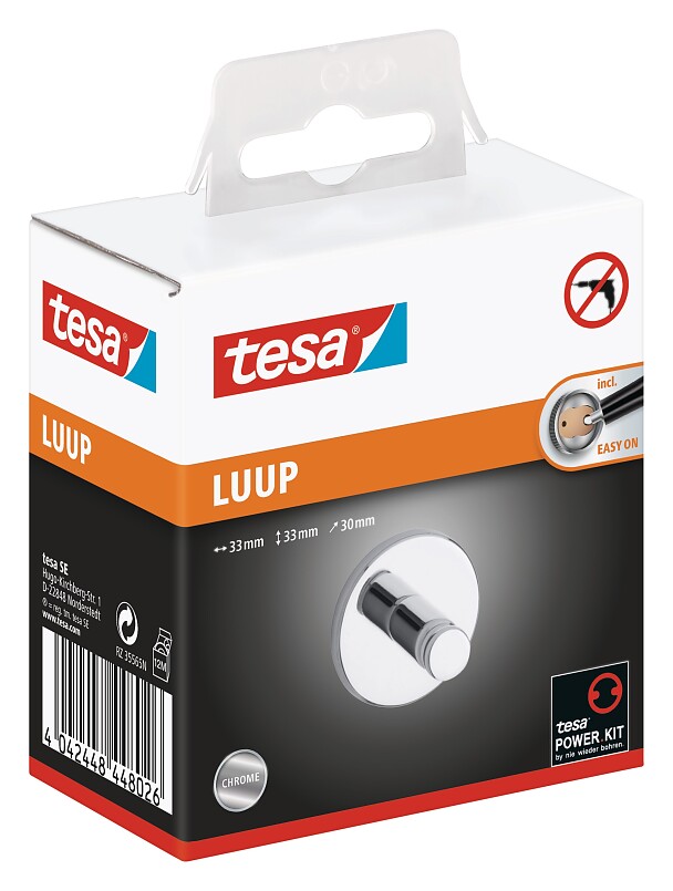 tesa® LUUP Wall Hook, Self-Adhesive, Chromed Metal - tesa