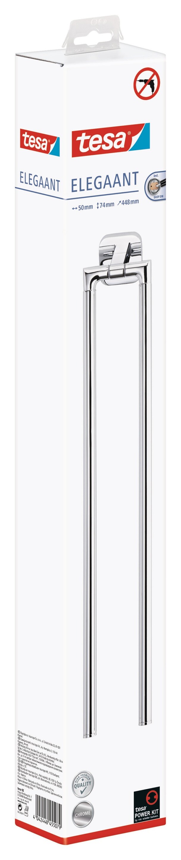 tesa® ELEGAANT Two-Armed Towel Holder, Self-Adhesive, Chromed Metal - tesa