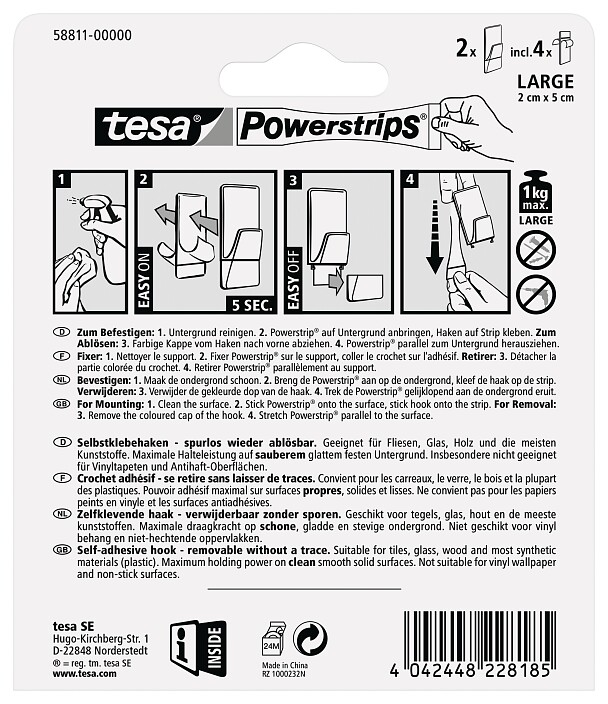 tesa® Powerstrips Transparent Hooks L, White - tesa