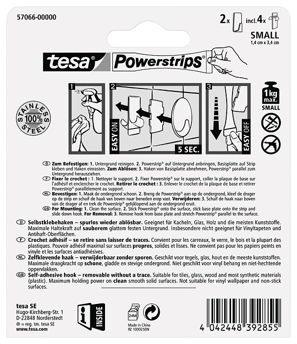 tesa® Powerstrips Self-Adhesive Hooks S Metal, Rectangular - tesa