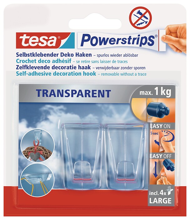 tesa® Powerstrips Self-Adhesive Deco Hooks Transparent L - tesa
